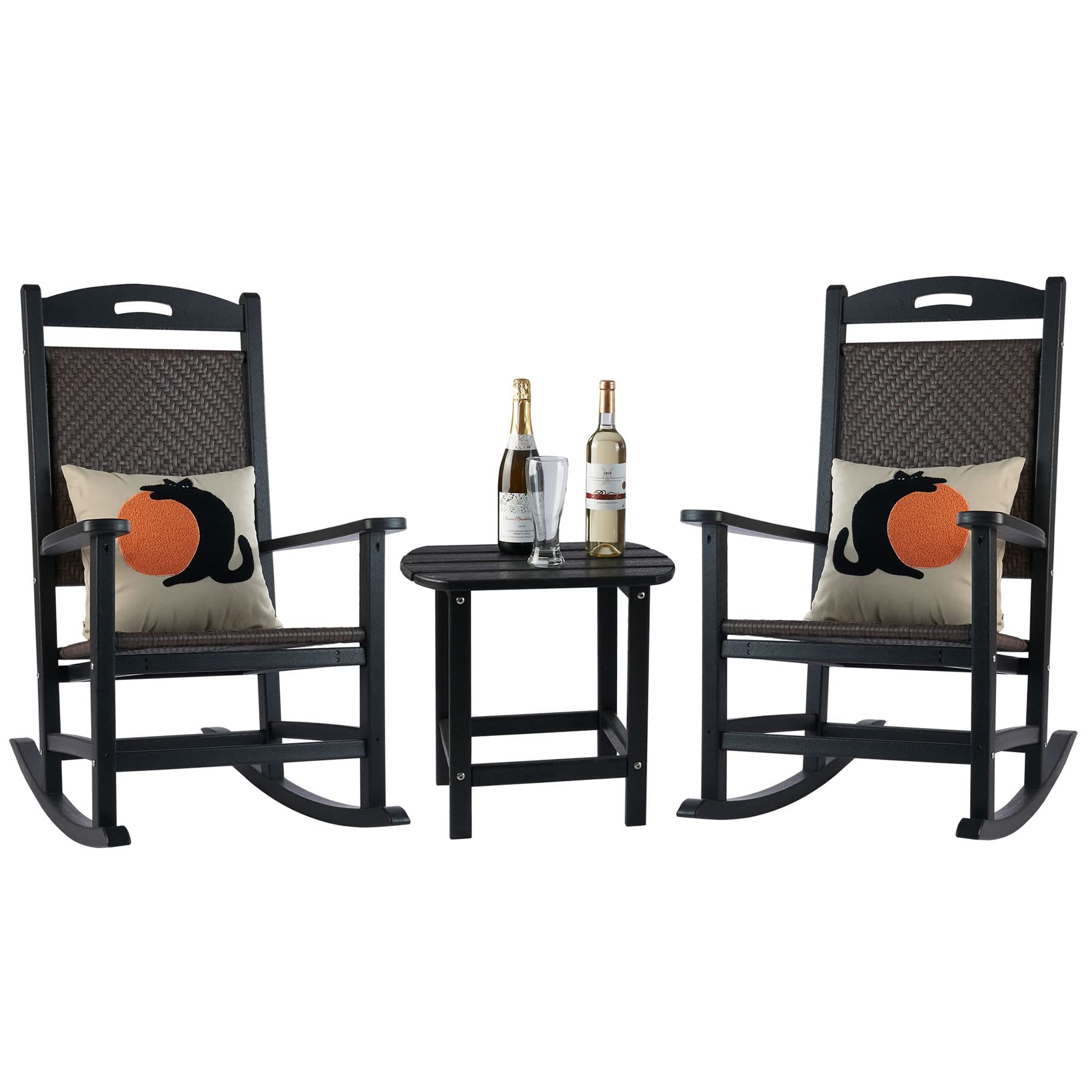 Adiromoti Patio Rocking Chair Set of 3 Rattan High Back Rocking Chair Side Table Weather Resistant HDPE Outdoor Rocking Chair Furniture for Porch Garden Backyard Campfire Firepit Weatherproof (Black)