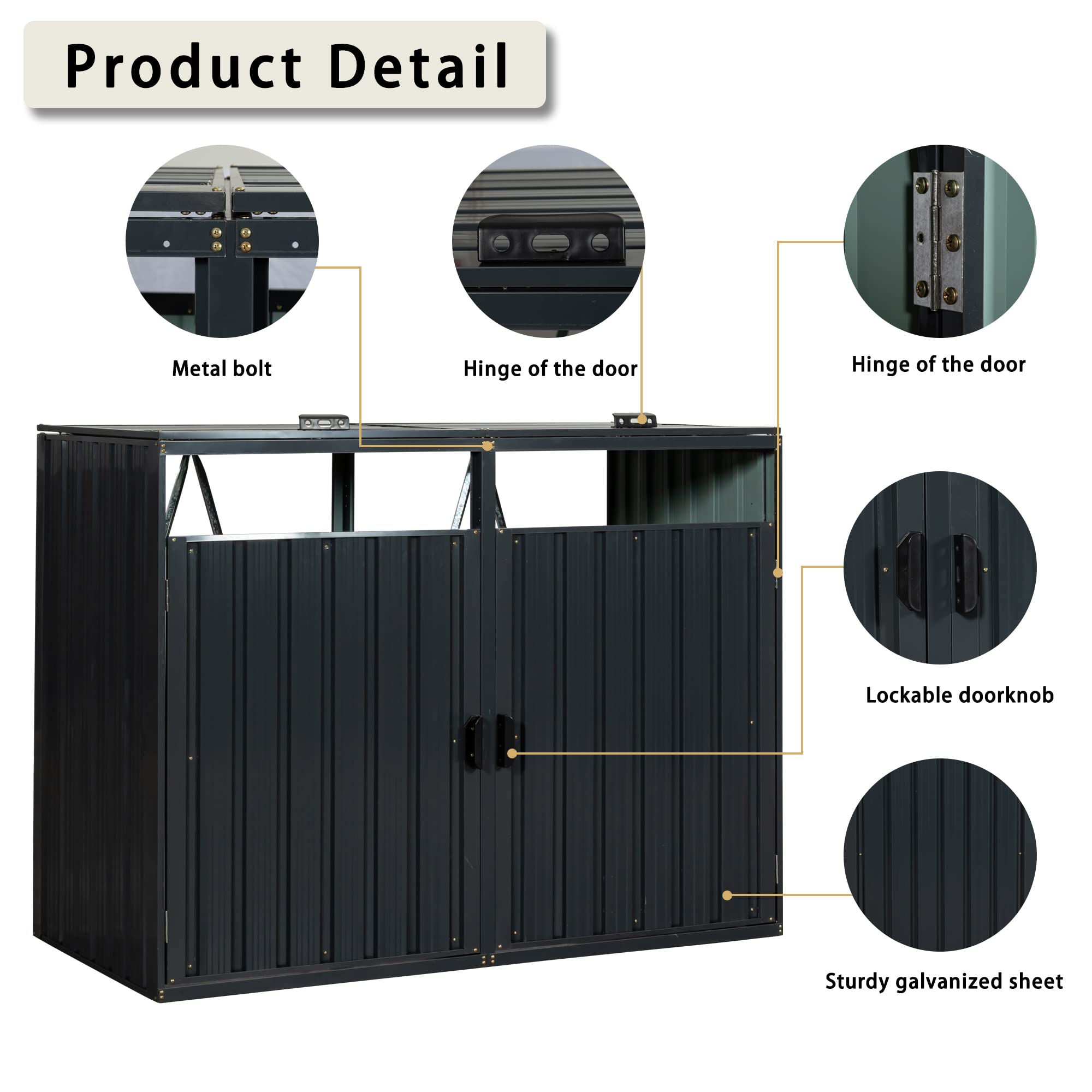 Garbage Bin Shed Stores 2 Trash Cans Metal Outdoor Bin Shed for Garbage Storage, Stainless Galvanized Steel, Bin Shed for Garden Yard Lawn - Durable, Ventilated, Lockable, and Easy to Clean