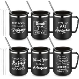 sumind thank you employee appreciation gifts 17 oz inspirational stainless steel coffee mugs with handle lid straw for thanksgiving christmas staff coworker teacher gifts(black,6 pcs)