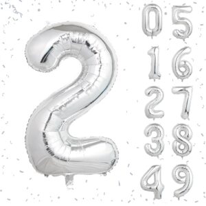 40 inch silver number balloons, helium mylar foil number balloons for birthdays, number 2 balloon for party wedding bachelorette birthday bridal shower graduation anniversary celebration party decorations supplies