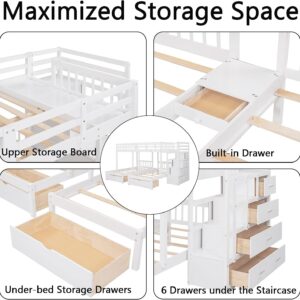 Harper & Bright Designs Triple Bunk Beds with Drawers, Wood Full Over Twin & Twin Bunk Bed with Storage Staircase, Triple Bed for Kids,3 Bed Bunk Beds with Storage for Girls Boys,White