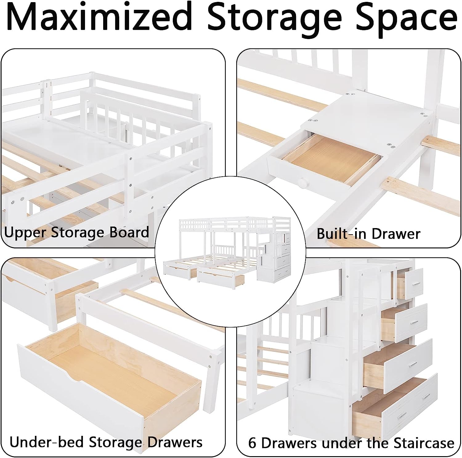 Harper & Bright Designs Triple Bunk Beds with Drawers, Wood Full Over Twin & Twin Bunk Bed with Storage Staircase, Triple Bed for Kids,3 Bed Bunk Beds with Storage for Girls Boys,White