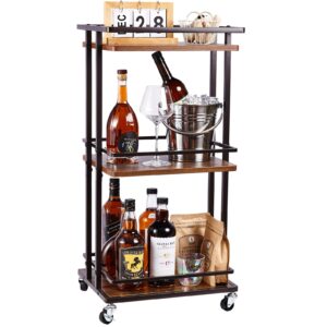 feemiyo 3-tier bar cart, serving bar cart for home with large storage space, made of wood and metal with wheels，multifunctional cart suitable for home bars, kitchens, living rooms, and bedrooms (wood)