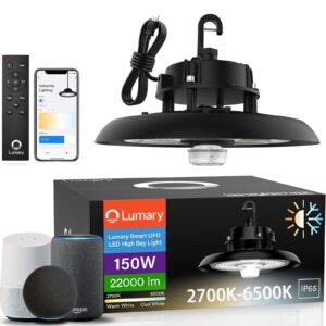 lumary 22,000lm smart aluminium ufo led high bay light w/remote, 2700k-6500k dimmable 150w, work with alexa/google - hub required, led shop lights for hanging garage workshop factory gym barn