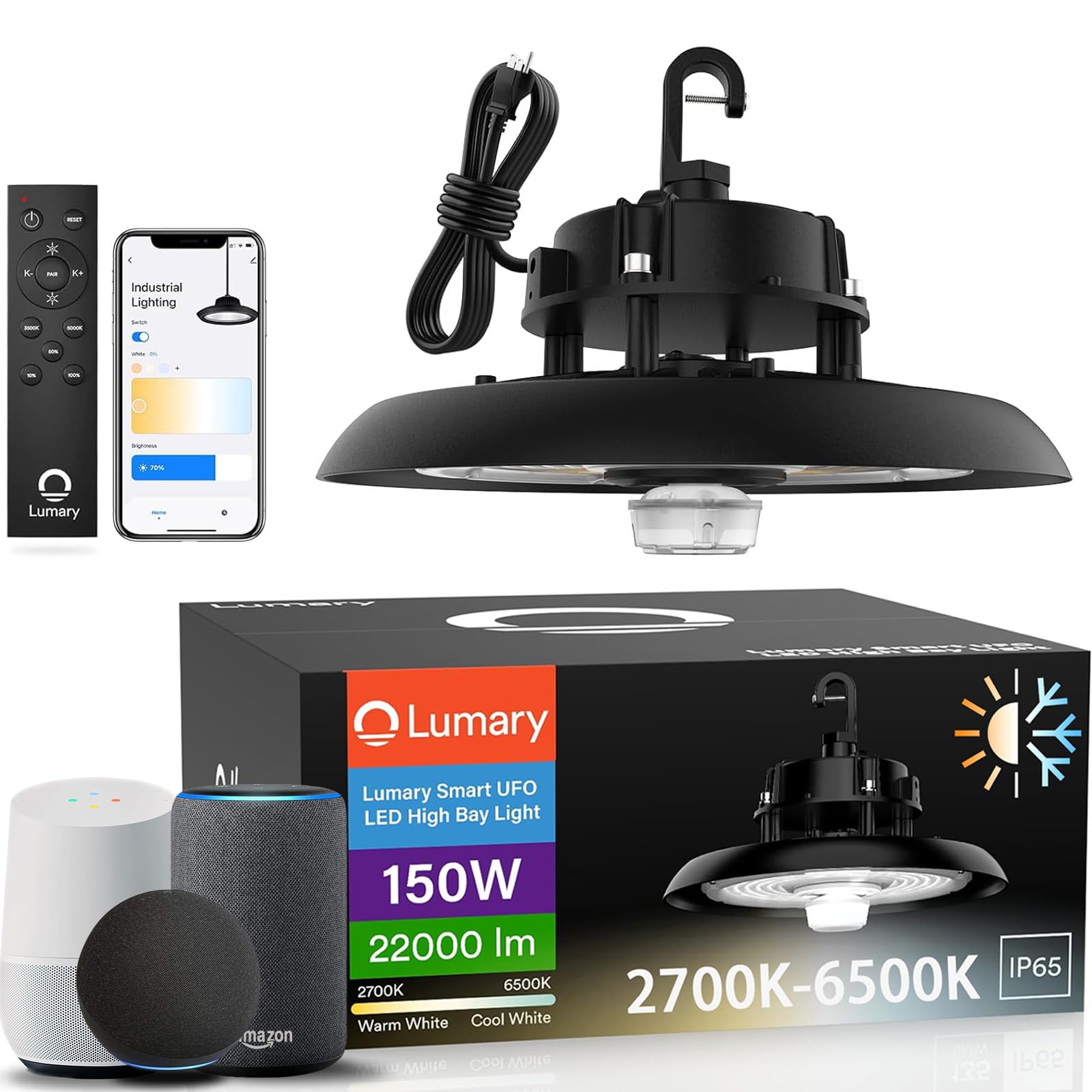 Lumary 22,000Lm Smart Aluminium UFO LED High Bay Light w/Remote, 2700K-6500K Dimmable 150W, Work with Alexa/Google - Hub Required, LED Shop Lights for Hanging Garage Workshop Factory Gym Barn