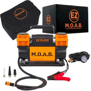 ez flate m.o.a.b. dual air compressor for 4x4 offroad vehicles, fast inflation, 12v power, easy to use, storage bag