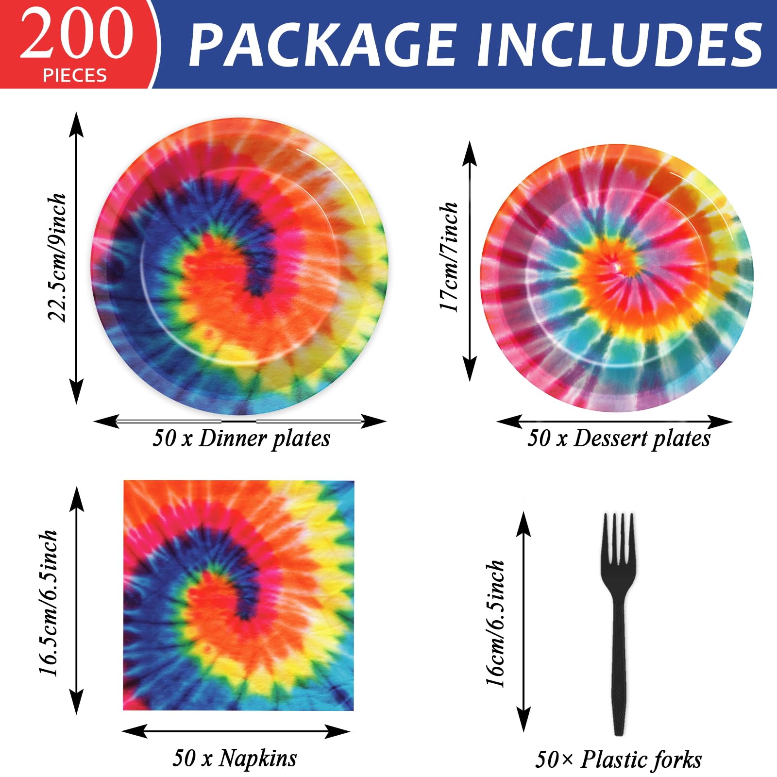 50 Guests Tie Dye Plates and Napkins Party Supplies Tie Dye Party Decorations Disposable Tableware Set Tie Dye Birthday Dinnerware Favor for Kids Girls Baby Shower Birthday Party Graduation, 200PCS