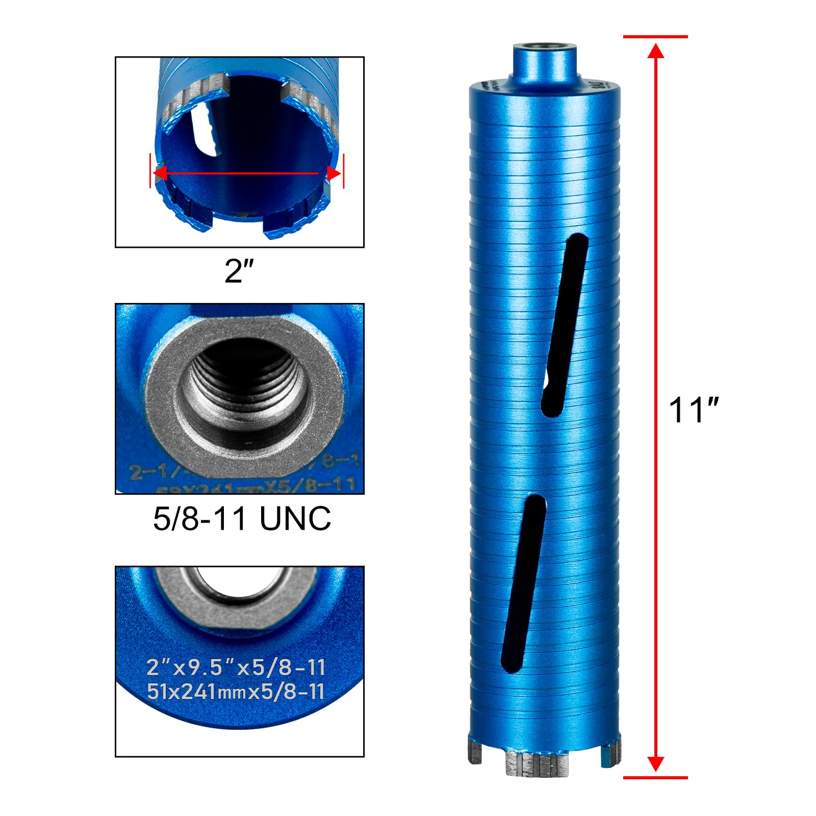 SALI Diamond Core Drill Bits 2" Diameter 10"/254mm Drilling Depth 5/8-11" Thread Core Bit Turbo Laser-Welded Segments for Cured Concrete with Rebar, Brick, Block, Masonry, Stone with Two Adapters