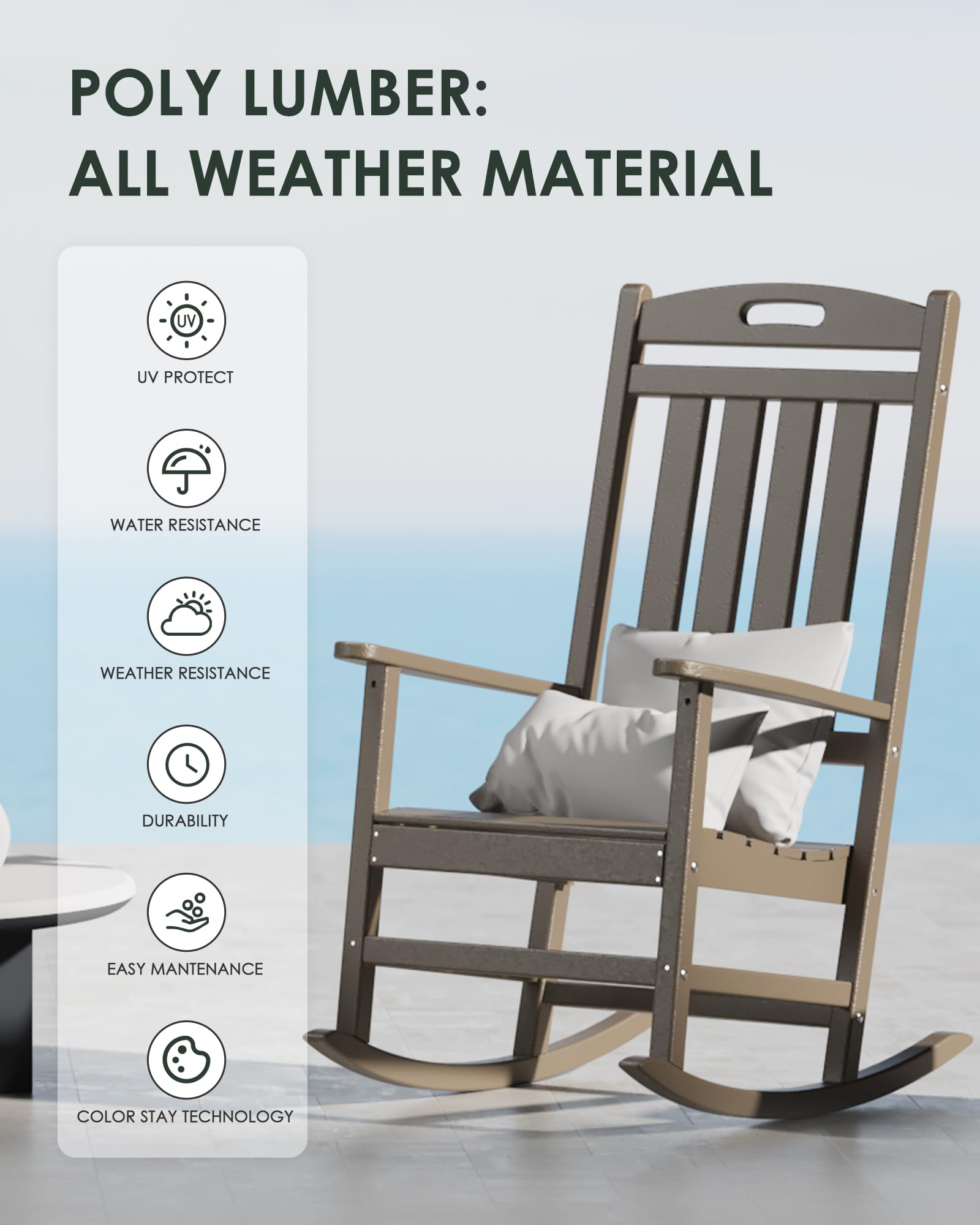 Adiromoti Outdoor Rocking Chair Set of 2, All-Weather Resistant Poly Lumber Rocker Chair Outdoor, High Back Plastic Patio Rocking Chairs for Outside Porch Rocker Garden Lawn, Weather Wood