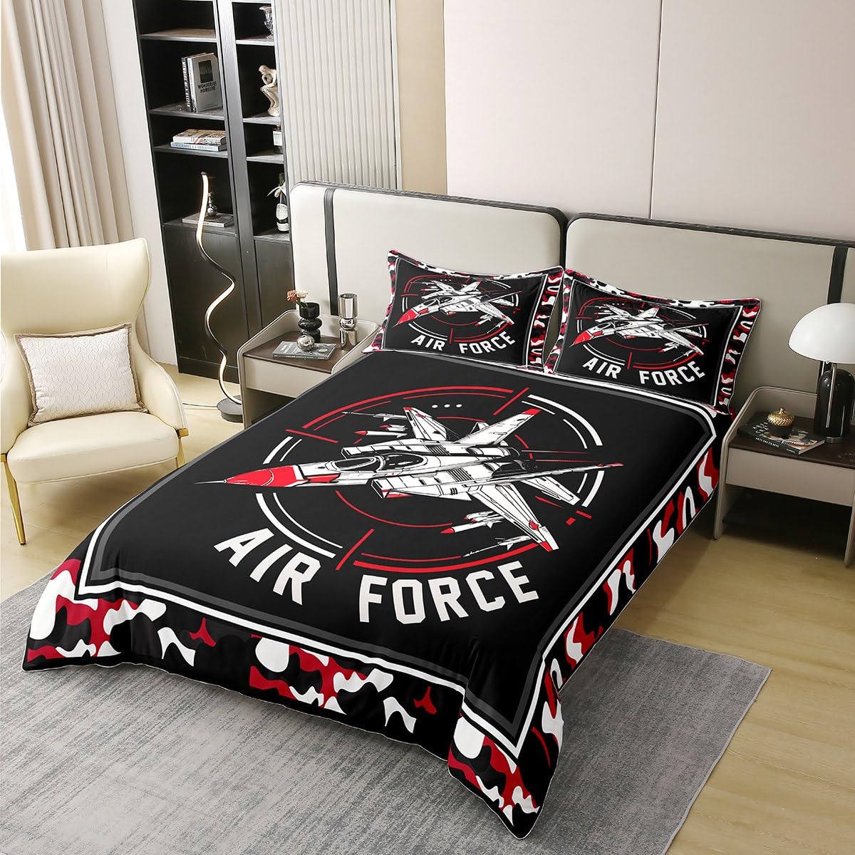 Boys Aircraft 100% Nature Cotton Duvet Cover Full Size,Army Fighter Jet Plane Super Soft Bedding Set,Retro Army Camouflage Red White Black Comforter Cover Bedding 3 Piece (No Comforter)