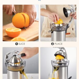 QCen Electric Citrus Juicer Squeezer, Electric Juicer for Orange, Lemon and Limes with Rubber Handle and Two Size Cones, Anti-Drip Spout, Easy to Clean and Use, BPA Free, Black/Stainless Steel