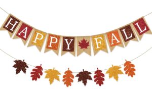 anydesign 2pcs fall banner glitter maple leaf paper banner happy fall burlap banner pre-assembled rustic bunting garland hanging decorations for autumn thanksgiving party decoration supplies