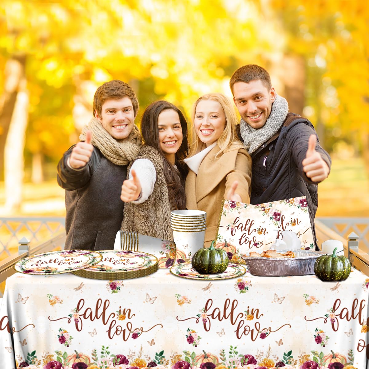 Fall in Love Bridal Shower Decorations,Fall Floral Pumpkin Disposable Tableware Set Includes Fall Dinner Plate,Tablecloths,Cup for Bridal Shower,Anniversary,Wedding Decorations