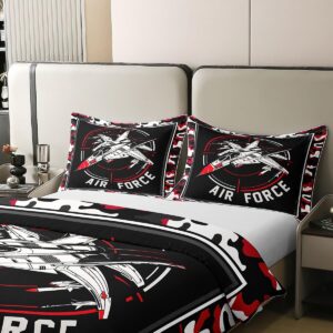 Boys Aircraft 100% Nature Cotton Duvet Cover Full Size,Army Fighter Jet Plane Super Soft Bedding Set,Retro Army Camouflage Red White Black Comforter Cover Bedding 3 Piece (No Comforter)