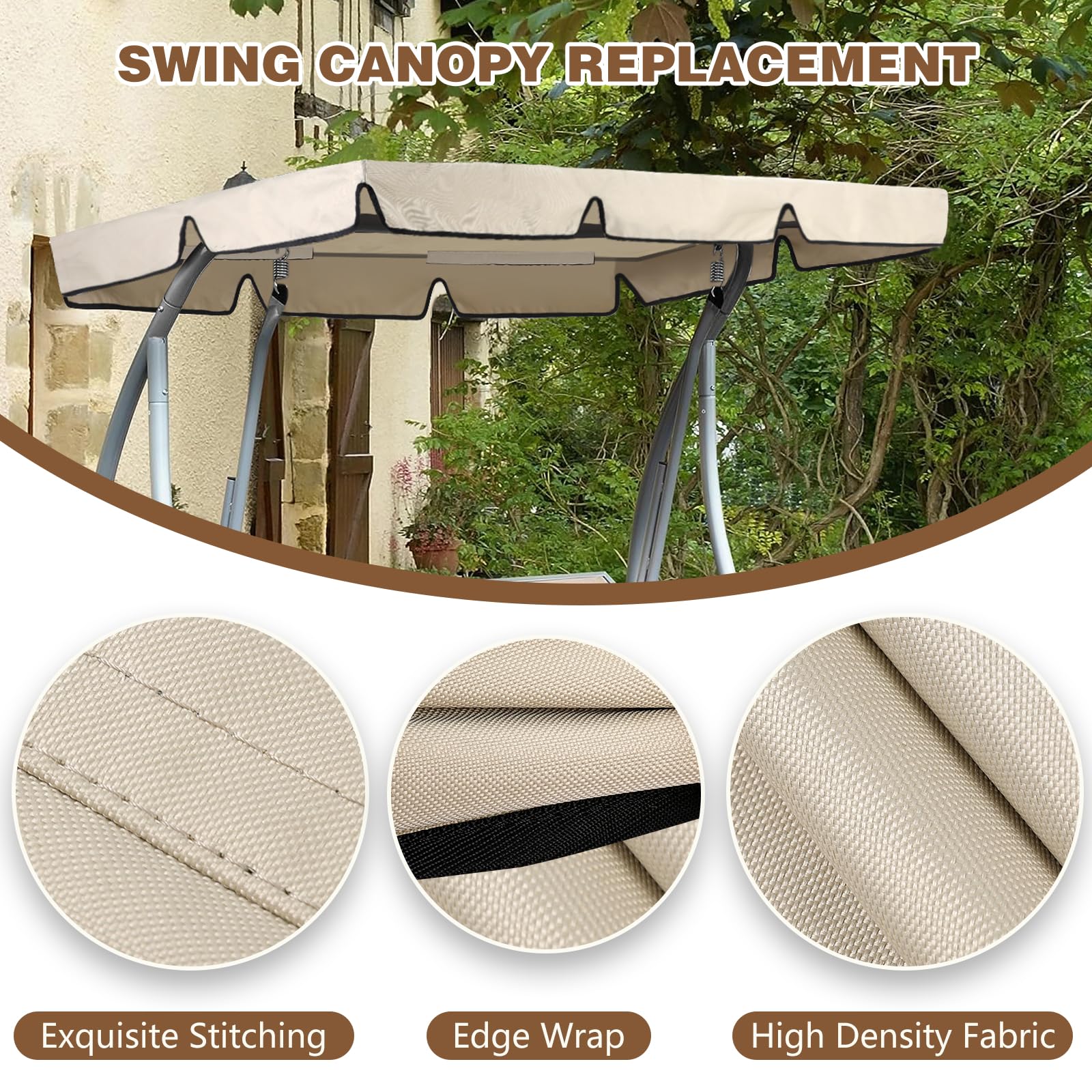 CHENGWEI 600D Outdoor Swing Canopy Replacement Top,Waterproof Patio Swing Canopy Replacement,3 Seat Porch Swing Canopy Replacement Sunshade and Rainproof(77" W x 43" D x 5.9" H Beige)