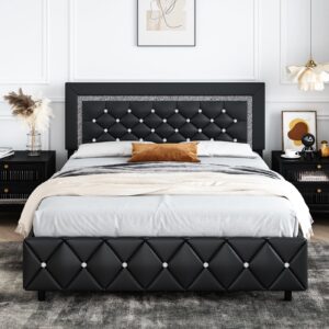 hombck queen bed frame, upholstered bed frame queen size with diamond tufted headboard, faux leather headboard & footboard, wooden slats support, no box spring needed, easy assembly, black