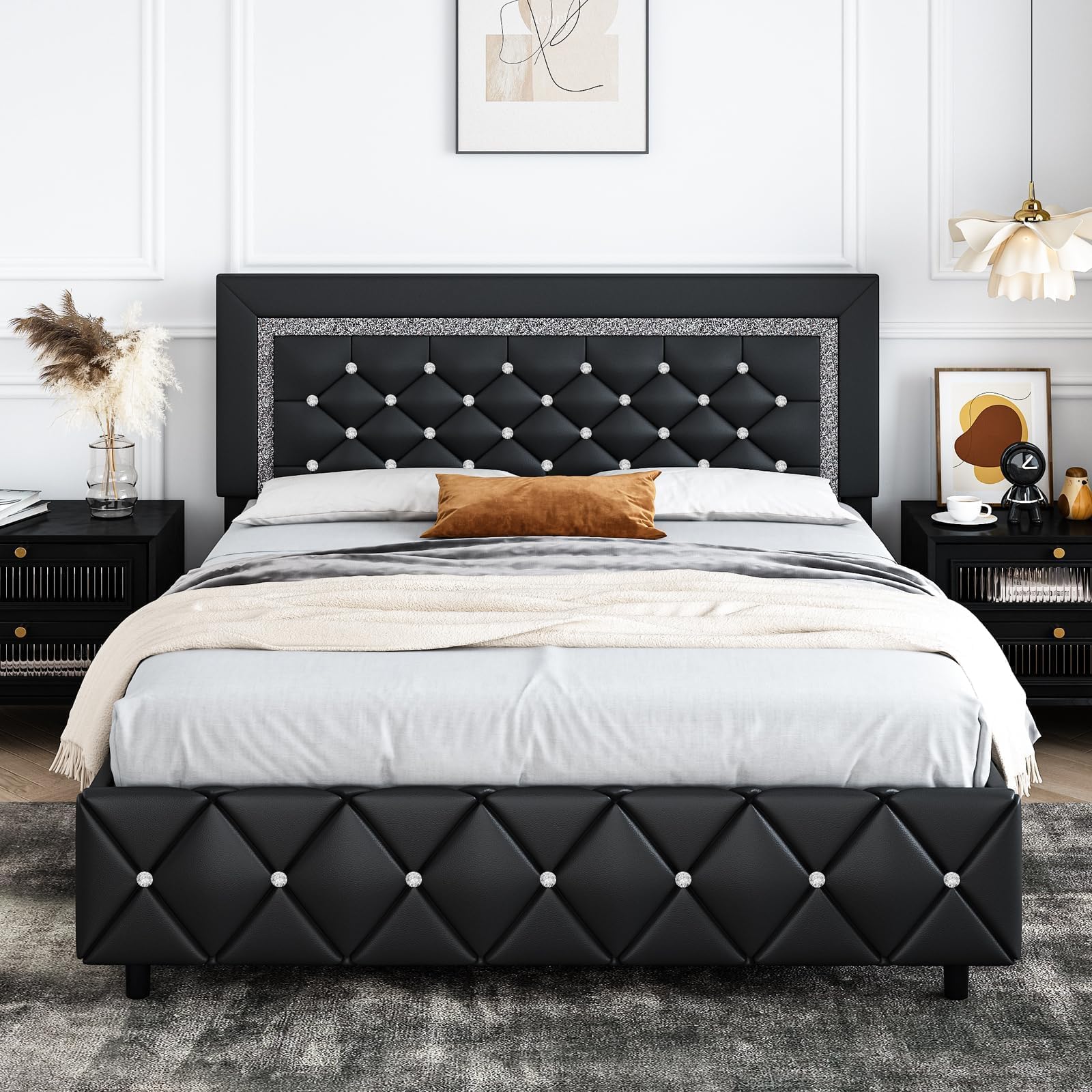 HOMBCK Queen Bed Frame, Upholstered Bed Frame Queen Size with Diamond Tufted Headboard, Faux Leather Headboard & Footboard, Wooden Slats Support, No Box Spring Needed, Easy Assembly, Black