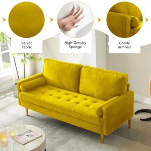 PEIHONGET 67" Mid Century Modern Loveseat Sofa, 2-Seater Velvet Tufted Love Seat Couch with Bolster Pillows, Golden Frosted Legs for Small Space, Living Room, Apartment, Bedroom (Yellow)