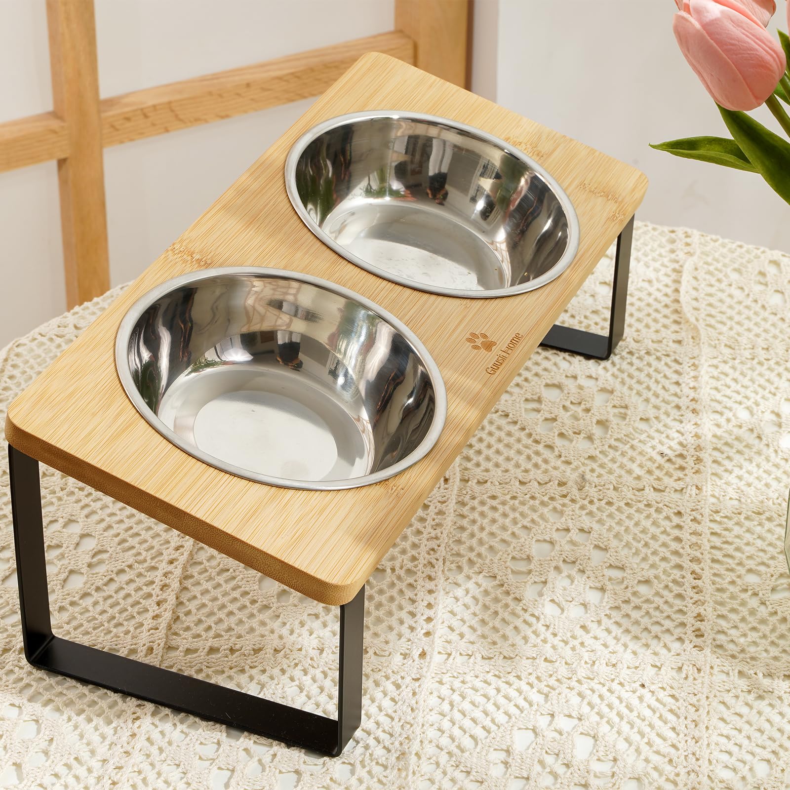 Sunhoo Cat Food Bowl Raised Cats Bowls Elevated Tilted Puppy Dish 5.7 inch Anti-Vomiting Pet Bowl Stand Lifted Double Stainless Steel Dishes Whisker Relief Kitty Feeder with 15°Angled