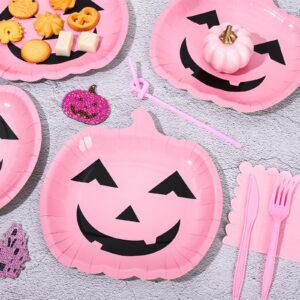 Whaline 40Pcs Halloween Paper Plates Pink Pumpkin Shaped Disposable Plates Cute Grimace Pumpkin Pattern Decorative Plates for Halloween Holiday Birthday Party Baby Shower Dinner Tableware Supplies