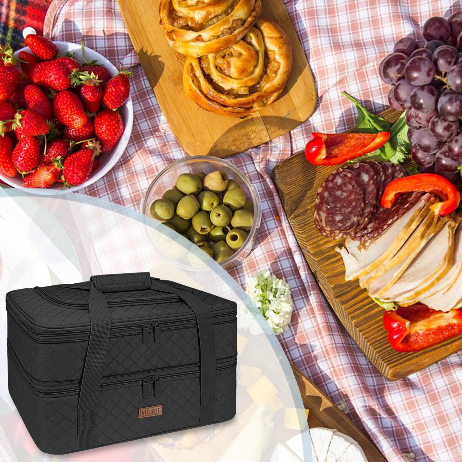 Vuudh Quilted Double Decker Casserole Carrier - Expandable Dish Carrying Case for Hot or Cold Food, Lasagna Holder for Potluck Parties, Picnic, Beach, Fits 9"×13" Baking Dish (Black)