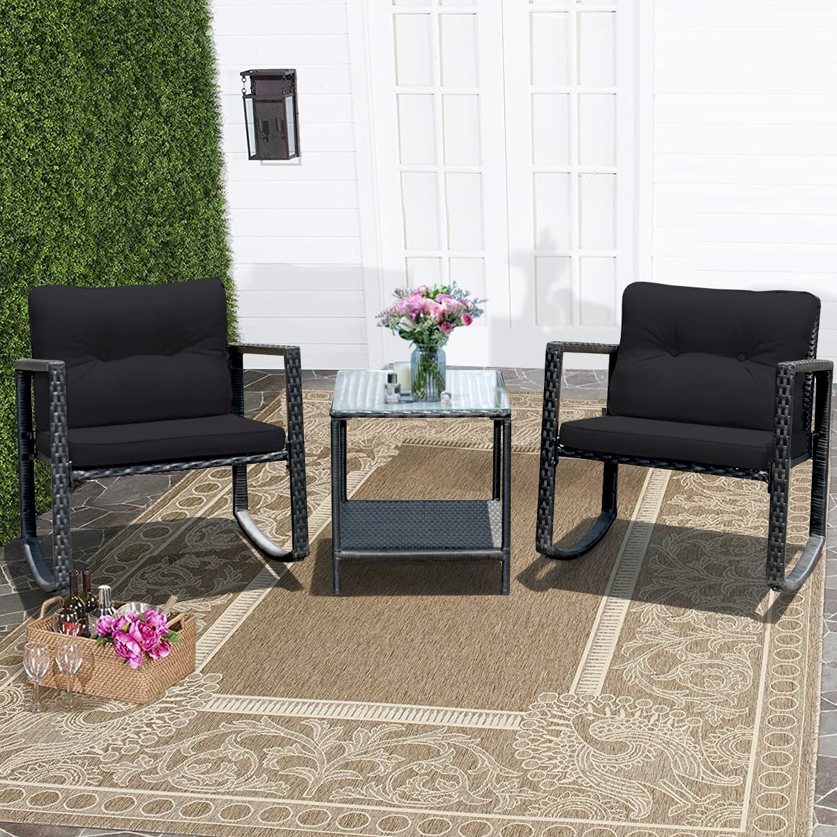 COSTWAY 3PCS Patio Rattan Furniture Set Rocking Chairs Cushioned Sofa Black