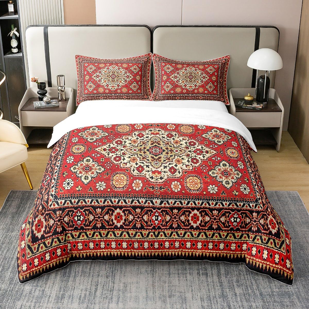 Erosebridal Pure Cotton Boho Tribal Duvet Cover Queen, Retro Exotic Bedding Set, Vintage Lattice Bohemian Comforter Cover, Red Antique Grid Damask Inspired Medallion Egyptian Quilt Cover