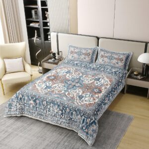 100% cotton antique duvet cover twin, boho bedding set, blue brown damask floral bohemian flowers retro comforter cover, exotic tribal medallion egyptian bedroom decor quilt cover