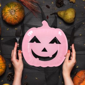 Whaline 40Pcs Halloween Paper Plates Pink Pumpkin Shaped Disposable Plates Cute Grimace Pumpkin Pattern Decorative Plates for Halloween Holiday Birthday Party Baby Shower Dinner Tableware Supplies