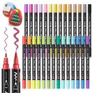 28 metallic colors dual tip acrylic paint markers, brush tip and fine tip acrylic paint pens for rock painting, ceramic, wood, canvas, plastic, glass, stone, calligraphy, card making, diy crafts