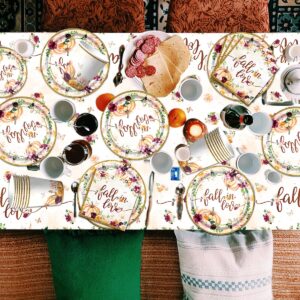 Fall in Love Bridal Shower Decorations,Fall Floral Pumpkin Disposable Tableware Set Includes Fall Dinner Plate,Tablecloths,Cup for Bridal Shower,Anniversary,Wedding Decorations