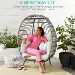 Best Choice Products Wicker Egg Chair, Oversized Indoor Outdoor Lounger for Patio, Backyard, Living Room w/ 4 Cushions, Steel Frame, 440lb Capacity - Gray/White Sand