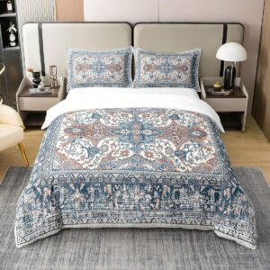 100% Cotton Antique Duvet Cover Twin, Boho Bedding Set, Blue Brown Damask Floral Bohemian Flowers Retro Comforter Cover, Exotic Tribal Medallion Egyptian Bedroom Decor Quilt Cover