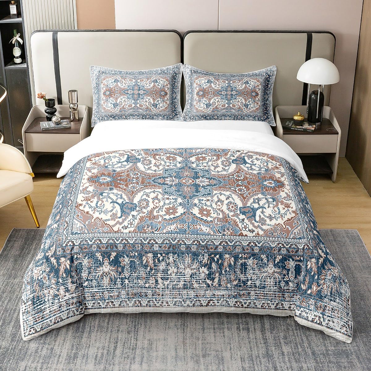 100% Cotton Antique Duvet Cover Twin, Boho Bedding Set, Blue Brown Damask Floral Bohemian Flowers Retro Comforter Cover, Exotic Tribal Medallion Egyptian Bedroom Decor Quilt Cover