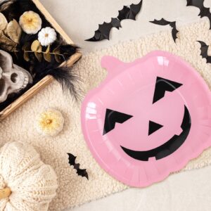 Whaline 40Pcs Halloween Paper Plates Pink Pumpkin Shaped Disposable Plates Cute Grimace Pumpkin Pattern Decorative Plates for Halloween Holiday Birthday Party Baby Shower Dinner Tableware Supplies