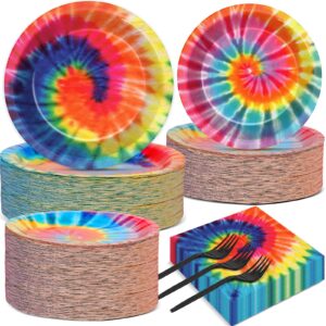 50 guests tie dye plates and napkins party supplies tie dye party decorations disposable tableware set tie dye birthday dinnerware favor for kids girls baby shower birthday party graduation, 200pcs