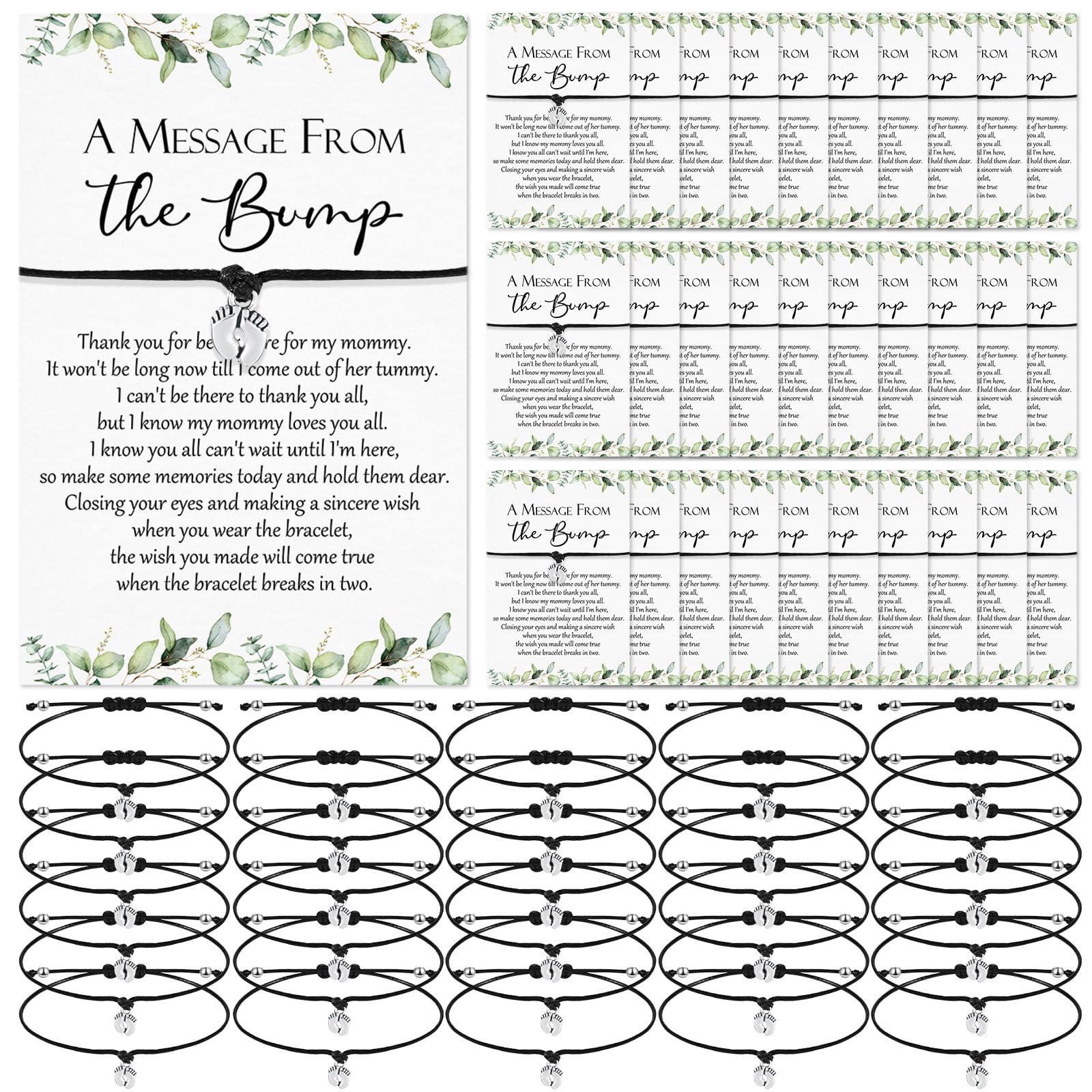 Thyle 50 Set Baby Shower Favors for Guests Adjustable Bracelets with Message from the Bump Card Footprints Charm Baby Shower Bracelets for Gender Reveal Thank You Gifts (Leaf)