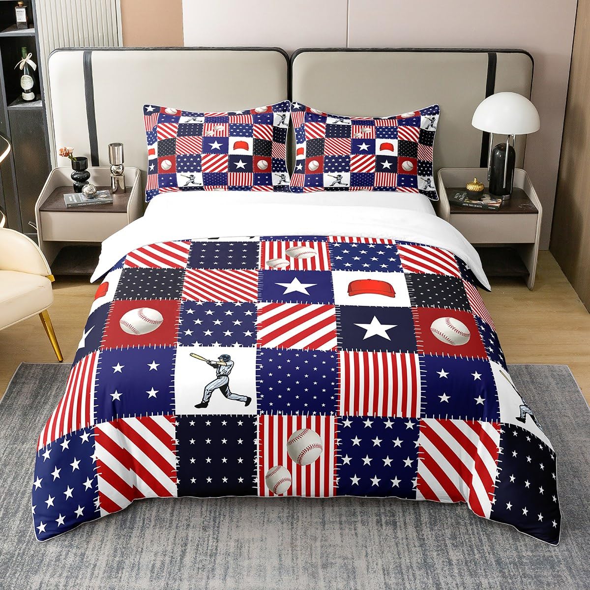 Castle Fairy Baseball Theme 100% Cotton Duvet Cover,Red Blue Geometric Stripe Check Breathable Comforter Cover,American Flag Stars Pattern Bedding Set 3 Pcs with Zipper Closure Queen Size