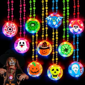 amenon 20 pcs halloween party favors for kids, 10 styles led light up necklaces halloween toys gifts spider ghost glow in the dark trick or treat toys party supplies halloween treat goodie bag fillers