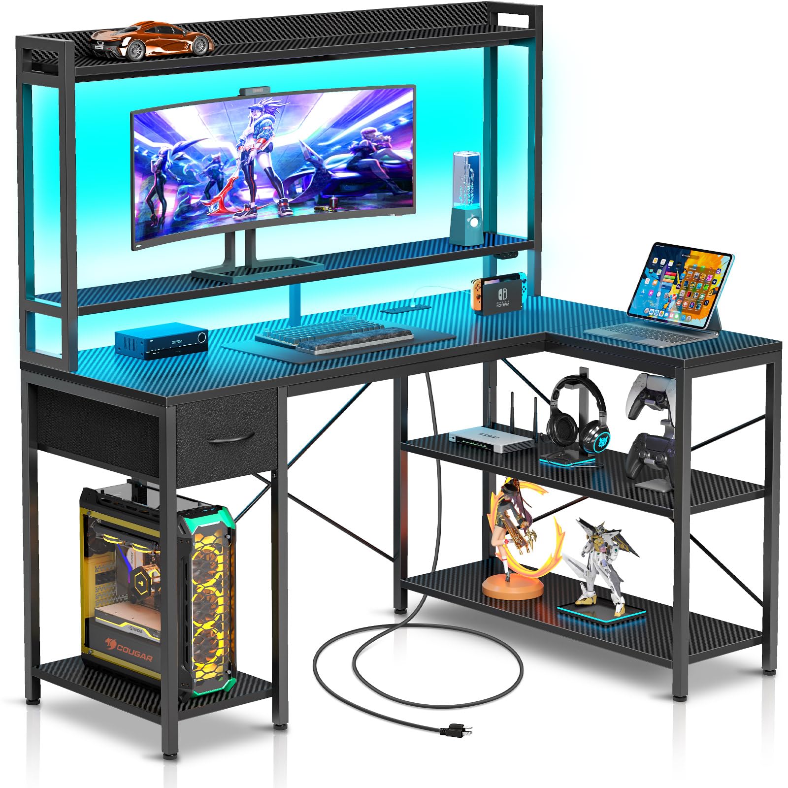 Seventable Gaming Desk with LED Light & Power Outlets, 47 inch Computer Desk with Shelves, Reversible L Shaped Desk with Monitor Stand, Corner Desk for Small Space, Carbon Fiber Black