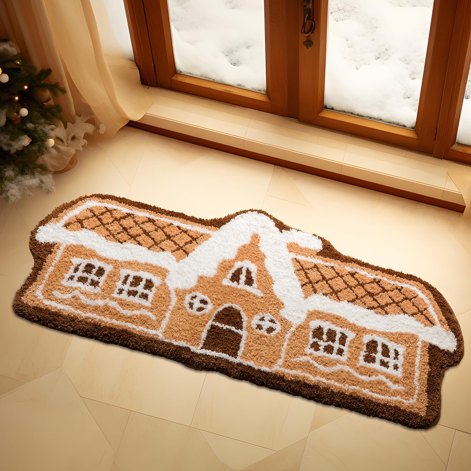 Phantoscope Christmas Rug, Gingerbread House Shaped Area Rug, Non-Slip Ultra Soft Microfiber Door Mat Plush Christmas Decorative Rug for Living Room Bedroom, Beige, 20 x 47 inches