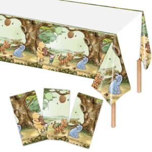 auroraparty 3pcs vintage bear tablecloth baby shower table cover 1st 2nd 3rd watercolor forest birthday party supplies for kids boys girls, rectangle plastic 54 x 108 inches