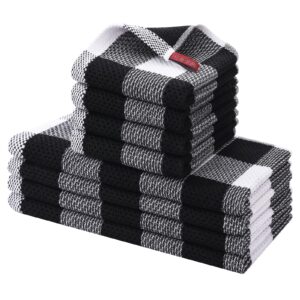 homaxy kitchen towels and dishcloths set, 12 x 12 and 13 x 28 inches, set of 8 bulk cotton waffle weave check plaid kitchen towels, super soft and absorbent dish towels, white & black