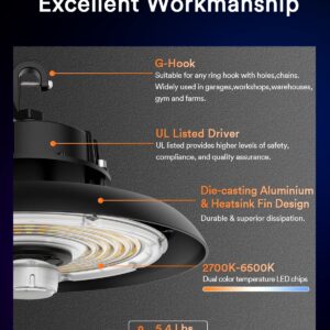 Lumary 22,000Lm Smart Aluminium UFO LED High Bay Light w/Remote, 2700K-6500K Dimmable 150W, Work with Alexa/Google - Hub Required, LED Shop Lights for Hanging Garage Workshop Factory Gym Barn