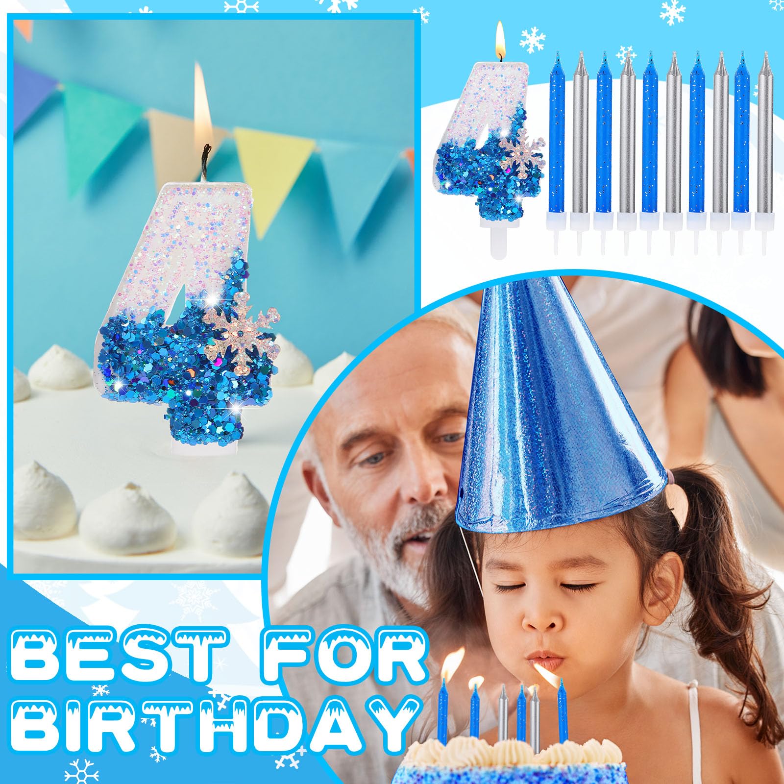 Herdear 2.8" Frozen Birthday Candles Snowflake Number Candles with 10 Pcs Long Thin Candles Blue Number 0-9 for Cake Topper Birthday Frozen Birthday Supplies(Number 4)