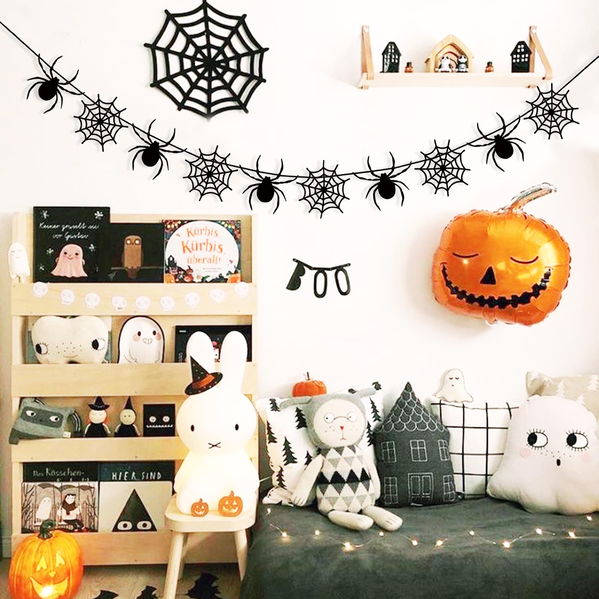 Uniwish Felt Spider Spiderweb Banner Garland Halloween Spider Web Decorations Outdoor Indoor Home Decor Spooky Themed Birthday Party Supplies Photo Props