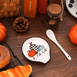 Whaline Fall Spoon Rest Plaid Pumpkin Ceramic Spoon Holder Seasonal Sauce Dishes Farmhouse Fall Thanksgiving Coffee Spoon Holder Ring Dish for Stove Top Cooking Utensil Kitchen Office Decor