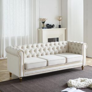 neylory modern velvet sofa couch for living room,85 inch 3 seater chesterfield couches with button tufted back and roll arms,upholstered sofas for bedroom,apartment,office beige