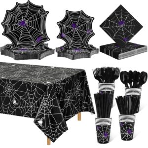 durony 201 pieces halloween spider web party supplies tableware set including halloween spiderweb disposable paper plates cups napkins knives forks spoons straws tablecloth serves for 25