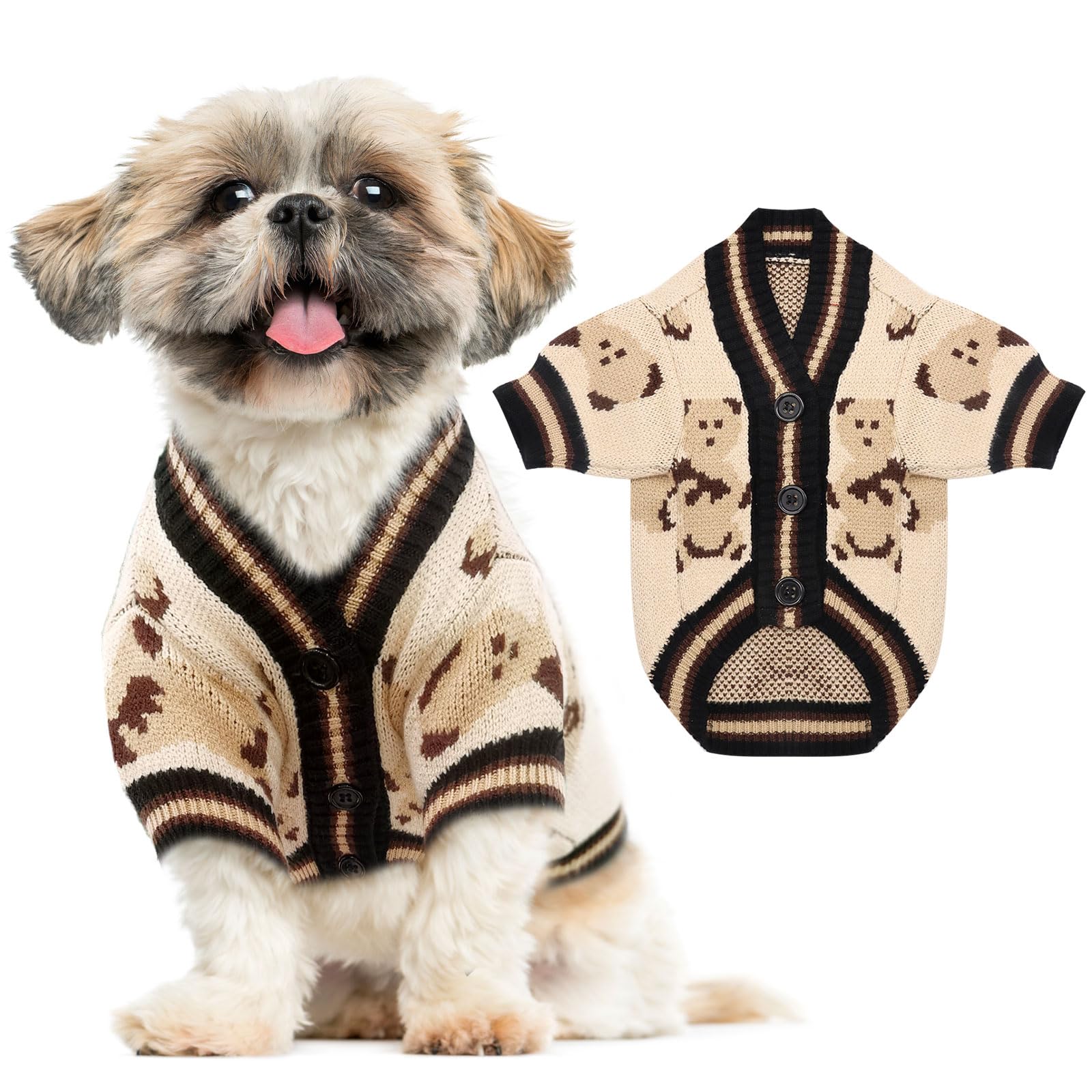 ABRRLO Small Dog Sweaters Cute Bear Dog Cardigans Clothes for Small Medium Dogs Boy Girl Puppy Cat Knitting Cardigan Outfits Dog Winter Coats Warm Pet Dog Clothes Soft Knitwear Apparel (Beige,L)